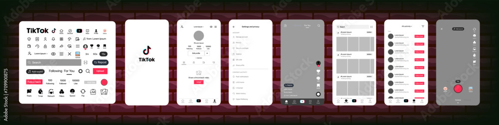Tik Tok design. Set Tik Tok screen social media and social network ...