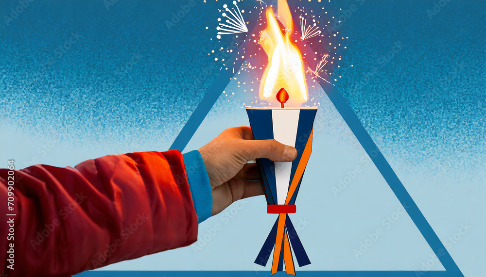 Torch, Flame. A hand from the Olympic ribbons holds the Cup with a ...