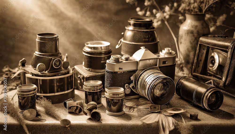 Vintage still life with retro cameras. Sepia tones, timeless details ...