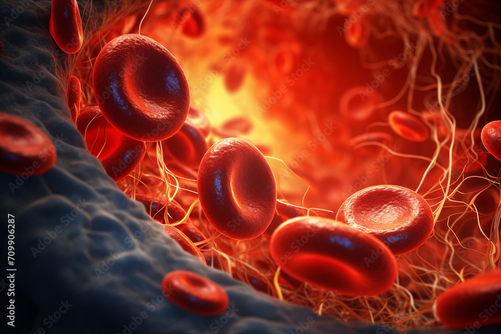 Abstract background of artery inside red blood hemoglobin molecule ...