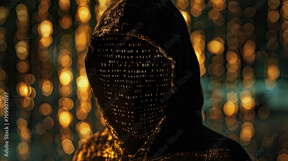 A mysterious black-hooded hacker with face covered, surrounded by gold ...