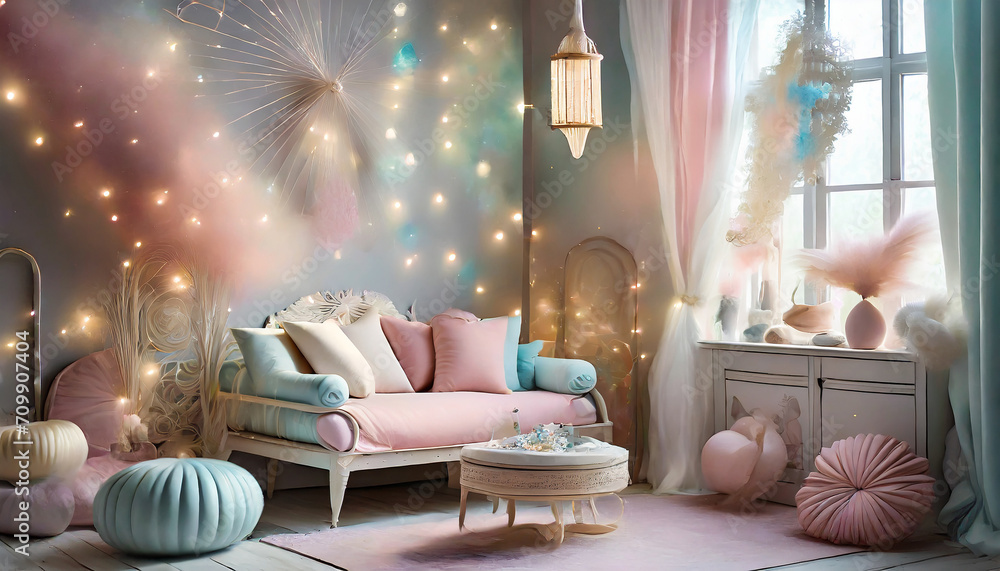 Whimsical fairy-tale room. Pastel palette, ethereal details. Fairy-tale ...