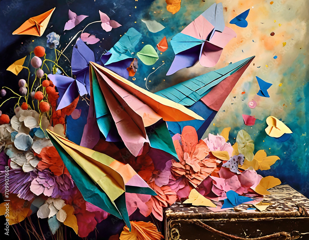 Whimsical still life with paper airplanes. Playful colors, imaginative ...