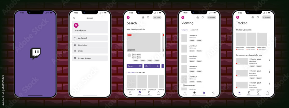 Twitch mobile interface. Twitch screen social media, streaming platform ...