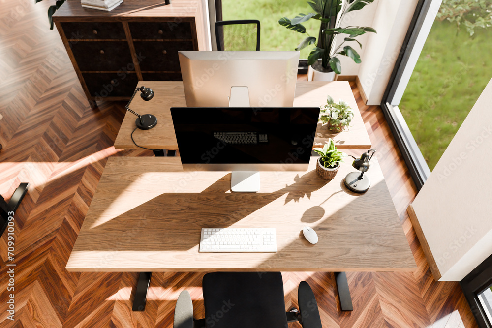 top down perspective of modern minimalistic pc workspace in luxurious loft office and panoramic ...