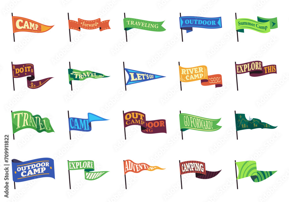 Camping pennant flags. Summer hiking expedition patch, wilderness ...