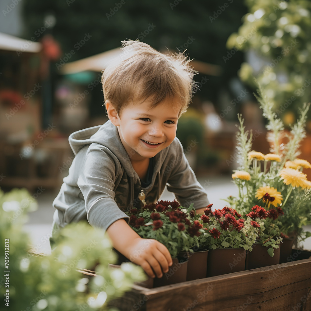 little boy picking flowers in the garden Stock Illustration | Adobe Stock