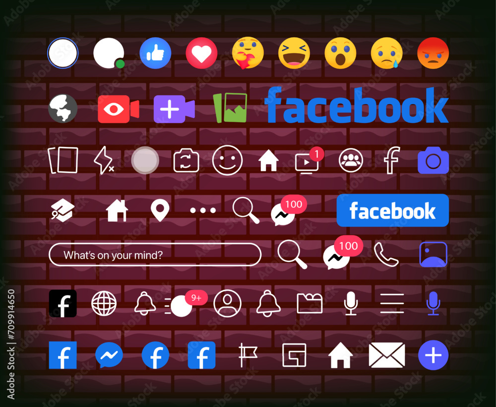 Facebook button icon. Set screen social media and social network ...