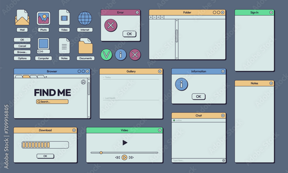 Retro interface. 80s 90s computer and internet user interface elements, trendy frames and ...