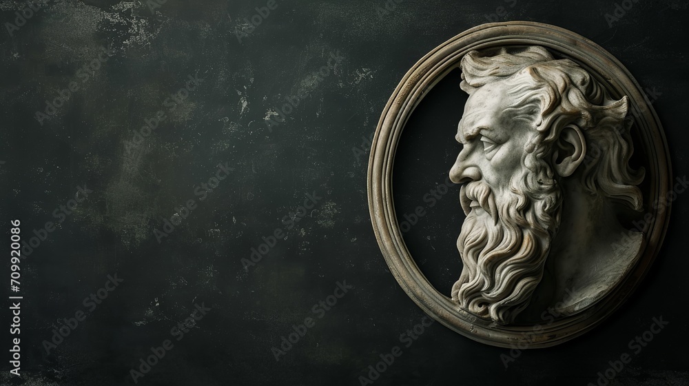 Dark Canvas Illustration of Greek Philosopher Epicurus in a Round Frame ...