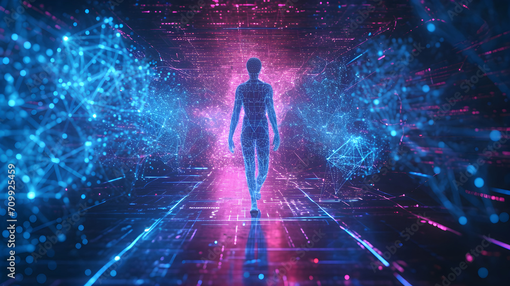 Walking in the metaverse, in the AI digital realm. Human figure ...