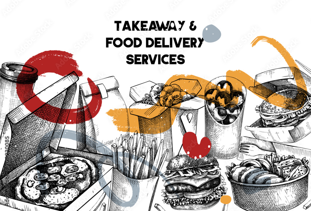 Fast food background. Hand drawn vector illustration. Collage style ...