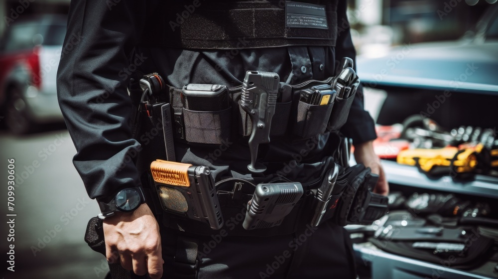 Policeman, police equipment utility belt with a gun, pepper spray and ...