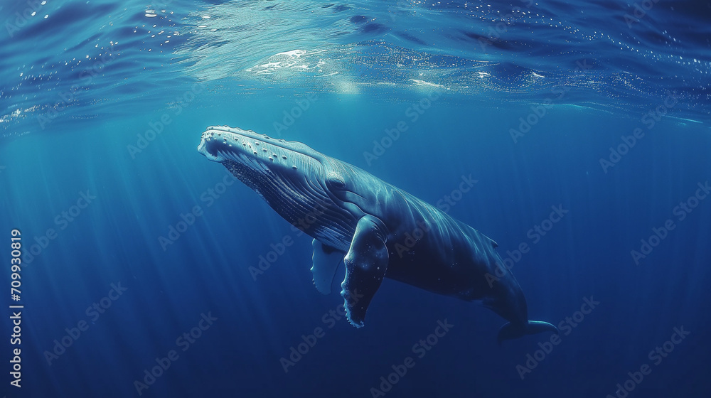 Seascape with Whale tail. The humpback whale (Megaptera novaeangliae ...