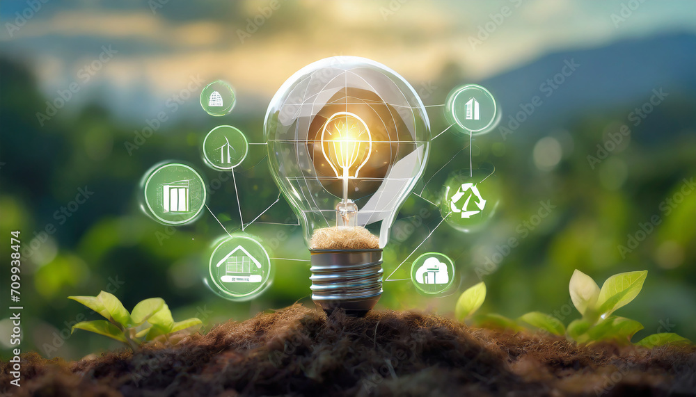 light bulb against nature with icons energy sources for renewable ...