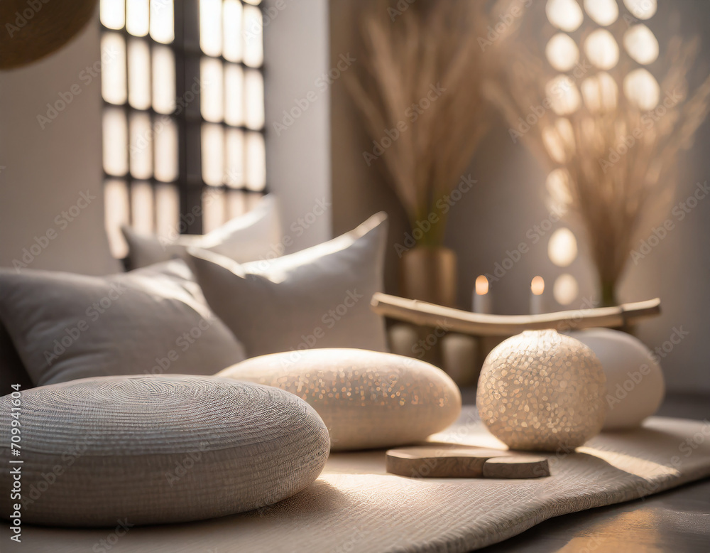 Soft and serene Zen space. Neutral tones, minimal decor. Zen-inspired ...