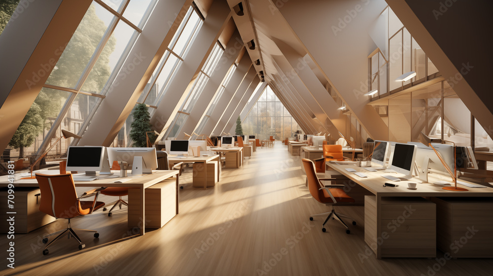 Vaulted ceiling wooden open office background image Stock Photo | Adobe ...