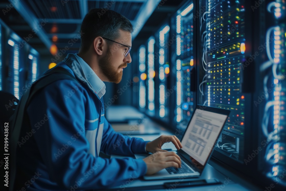 IT staff holding a laptop To monitor server rooms and upgrade technology or data storage ...