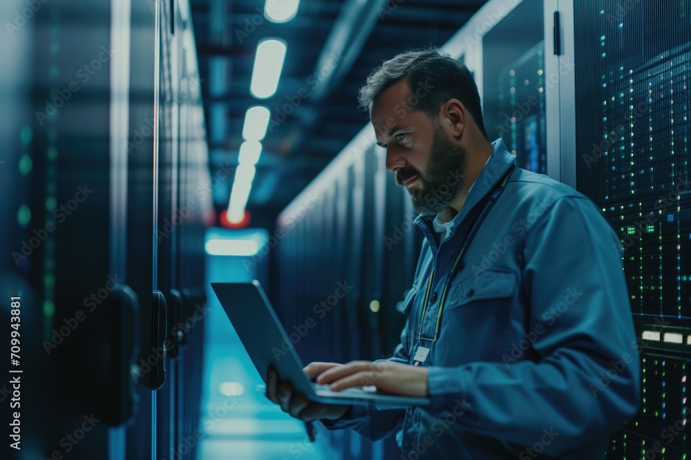 IT staff holding a laptop To monitor server rooms and upgrade ...