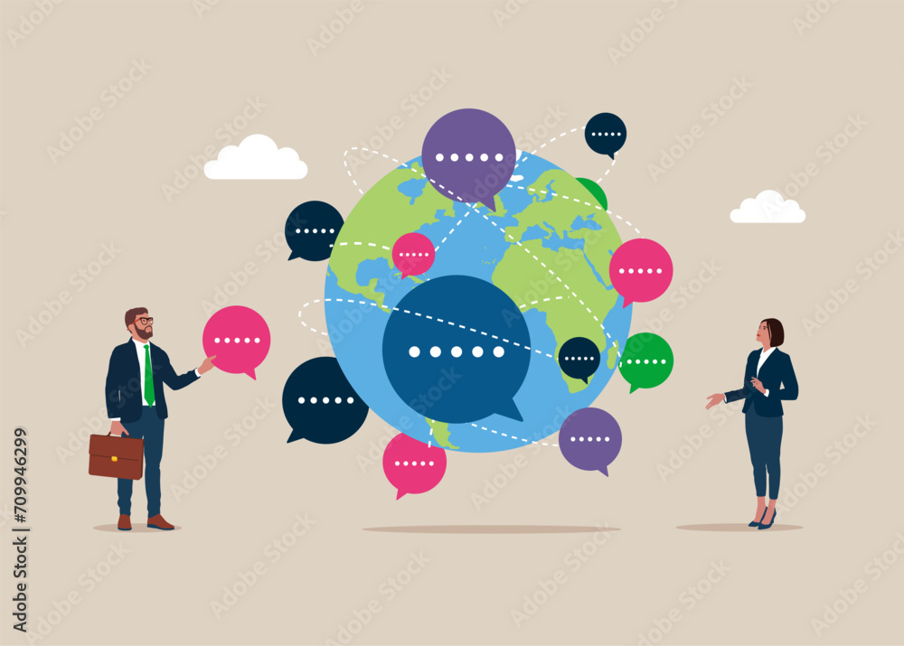 Talk or have lively discussion or conversation between on world map ...