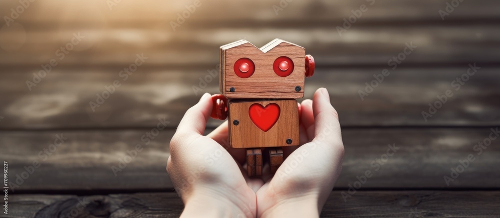 Little robot character Danbo standing on wooden floor with red heart in ...
