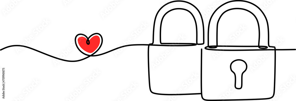 One line red heart. Love concept. Valentine's Day. The padlock. One ...