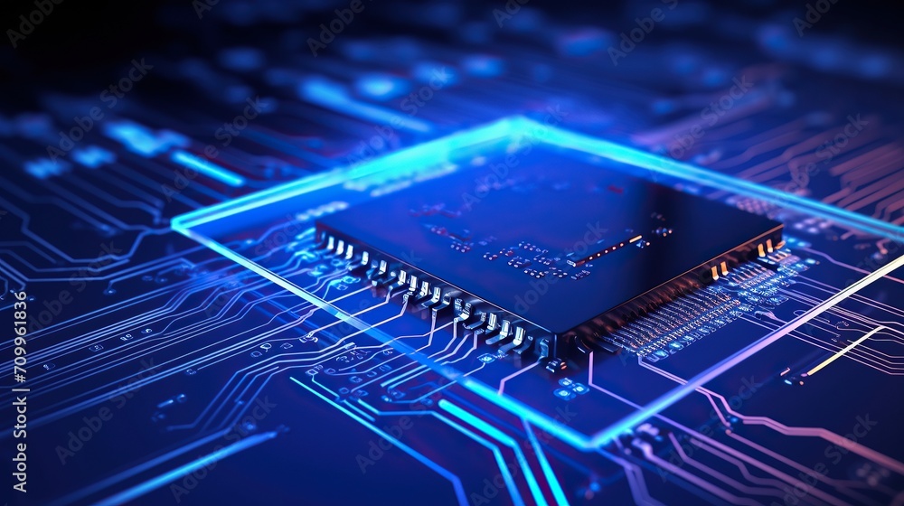 rendering of blue futuristic circuit board with electrons. Circuit ...