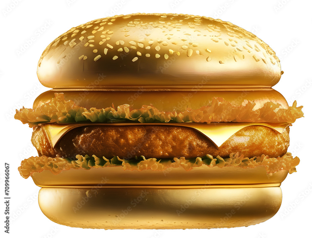 Golden burger, fast food made of gold, luxury vip food on transparent ...