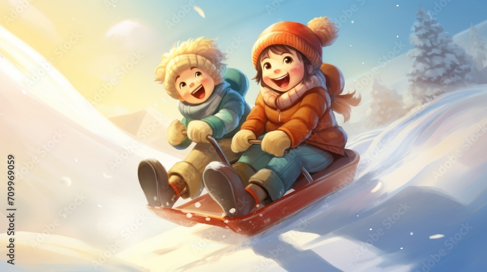 Happy children ride a sled down a snowy hill illustration in cartoon ...