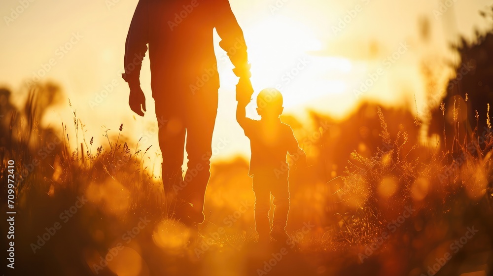 Little son, dad hold hands close up in nature in sun. Child father walk ...