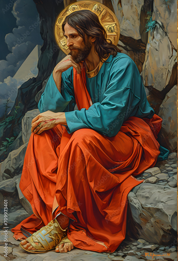 Traditional Orthodox icon of Jesus Christ sitting on a rock and ...