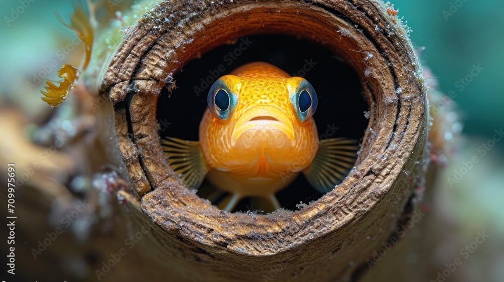 a close up of a fish poking its head out of a hole in a piece of wood ...
