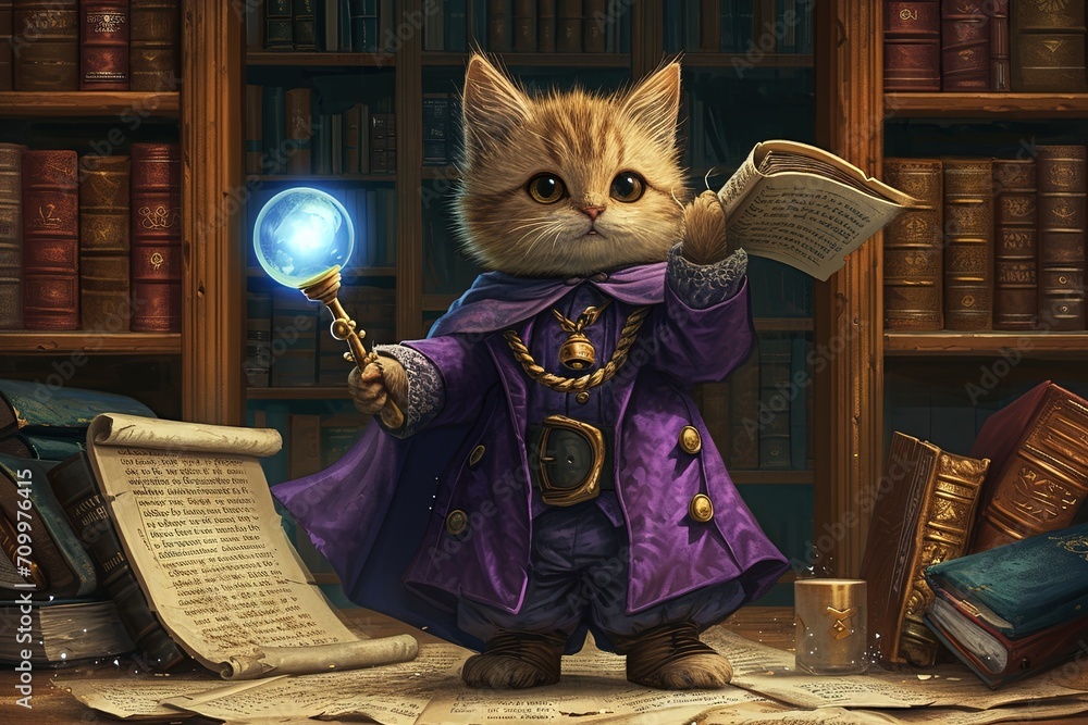cartoon Kitten Wizard wearing purple coat and cape and holding magic ...
