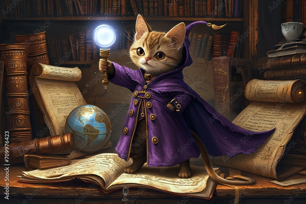 cartoon Kitten Wizard wearing purple coat and cape and holding magic ...