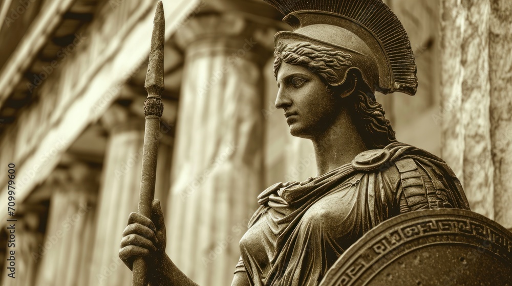 a statue of a roman soldier holding a sword and shield in front of a ...