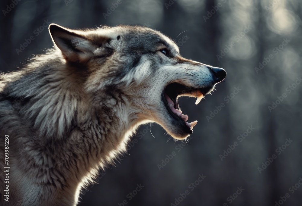 Sinister wolf shifter with red eyes in gloomy night forest shrouded in ...