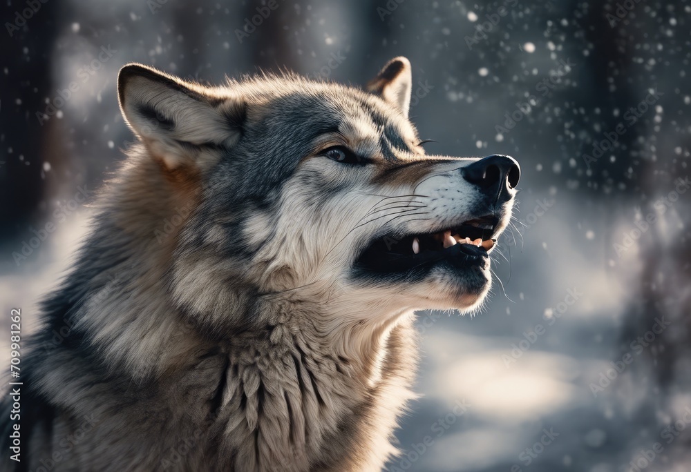Sinister wolf shifter with red eyes in gloomy night forest shrouded in ...