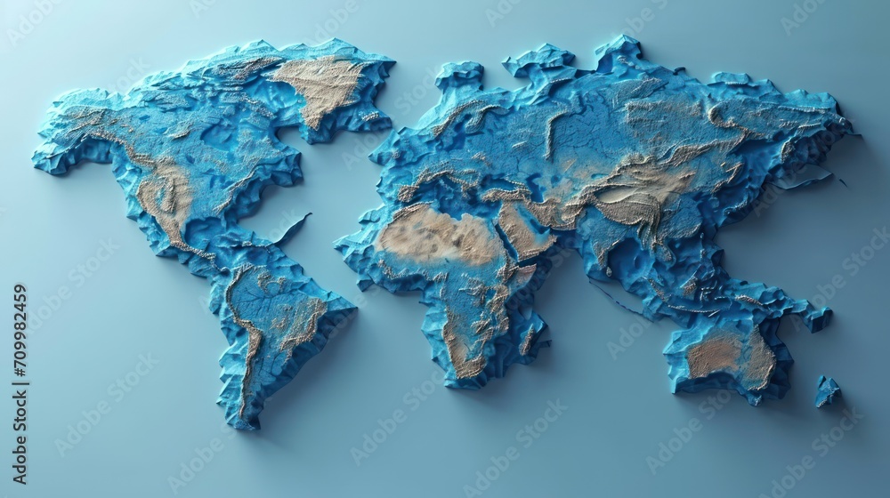 a map of the world is made out of blue and brown paper mache, with a ...