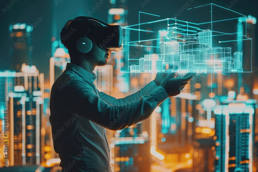 Futuristic digitalization of building construction, an architect using ...