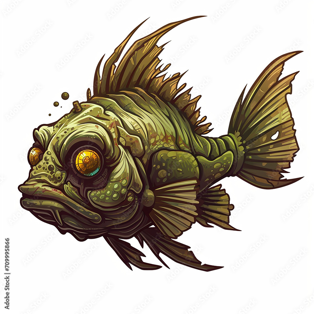 Game art design of a diseased undead fish swimming on a white ...