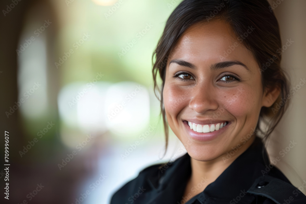 Hispanic woman wearing security guard or safety officer uniform on duty ...