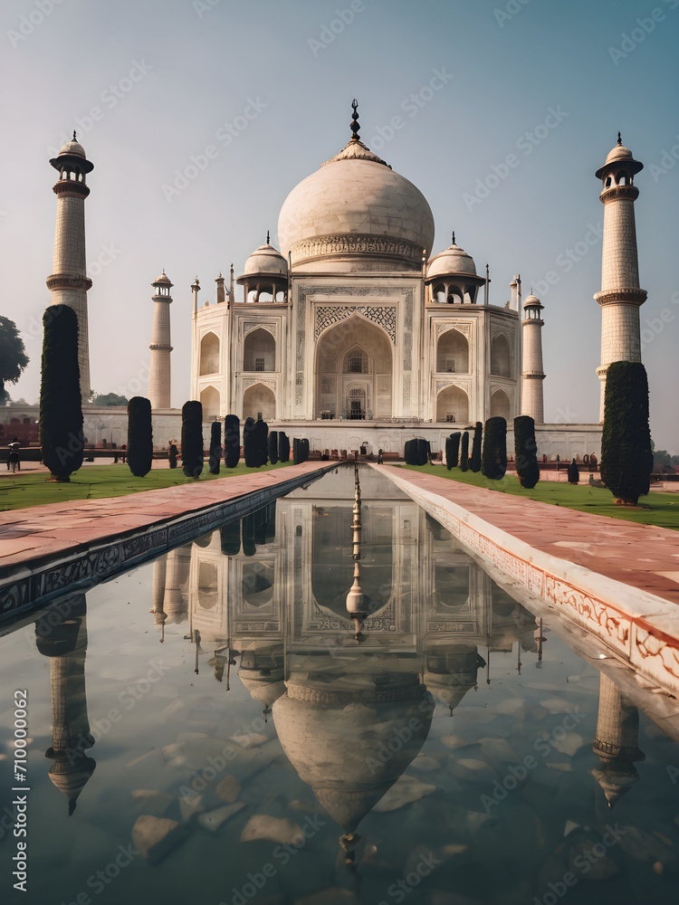 The serene waters of the reflecting pool mirror the Taj Mahal's ...
