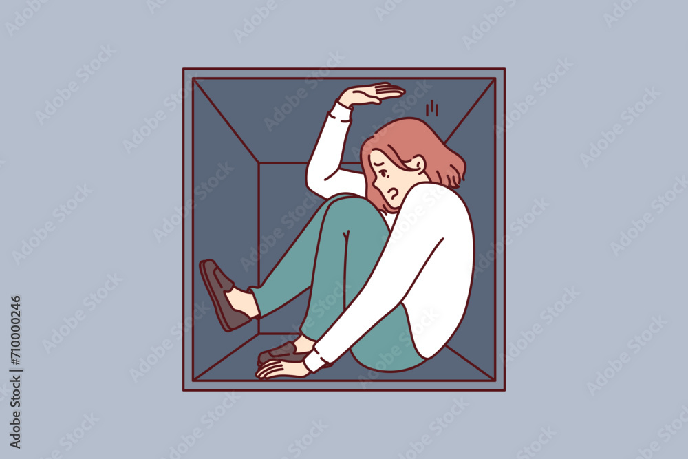 Poster Woman suffering from claustrophobia sits in cramped box and ...