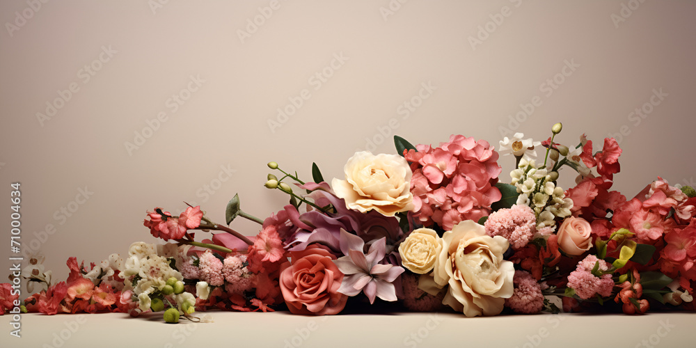 Flower arrangement on the center of the image layflat over a cream ...