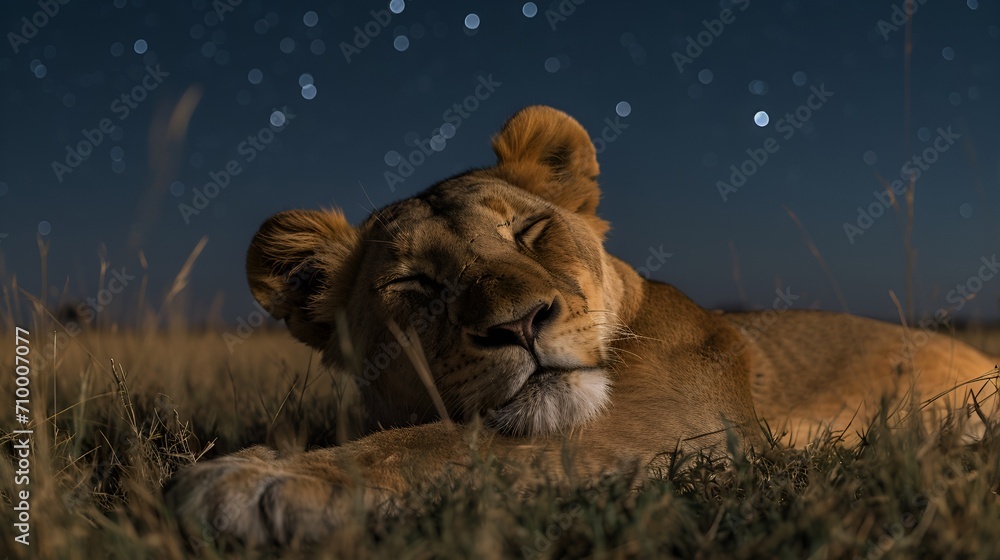 The Lion hidden in the darkness with moon and illuminated clouds ...