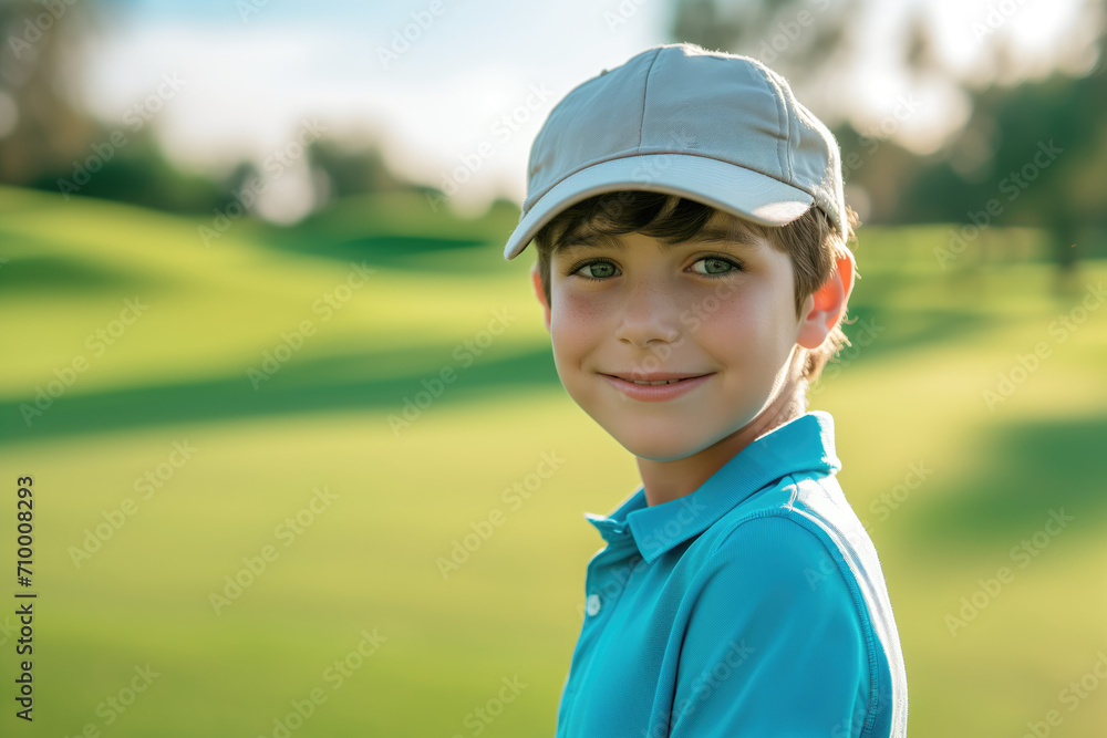 Happy boy at golfing training lesson looking at camera on golf course ...