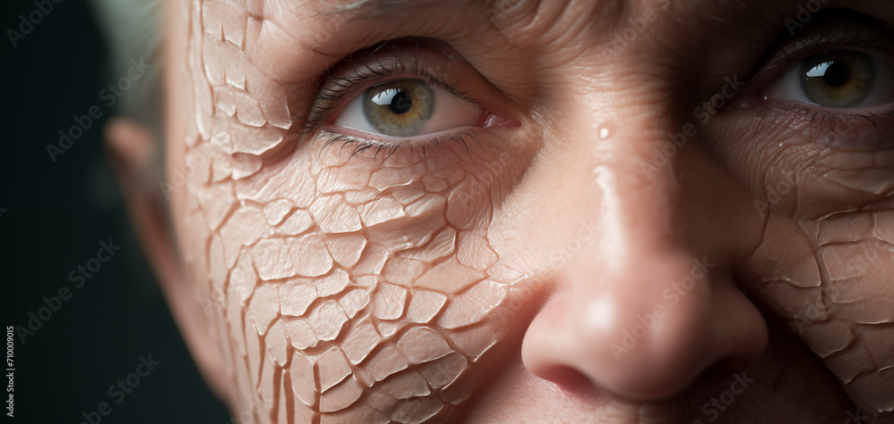 Close-up on damaged face skin of old woman, skin exfoliation, dry skin ...