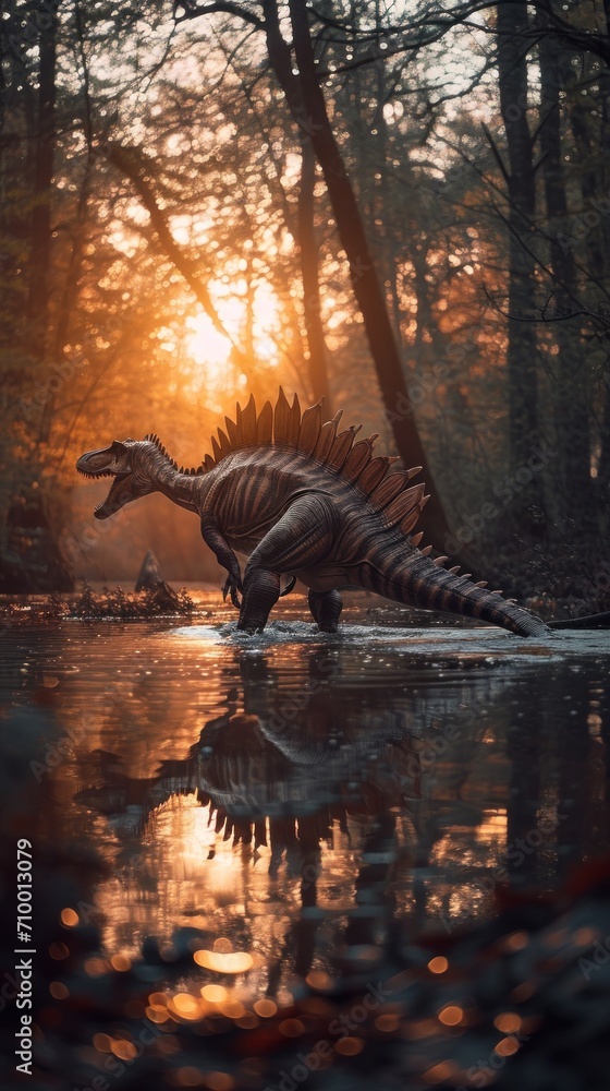 An artist's depiction of a Spinosaurus wading through a shallow river ...