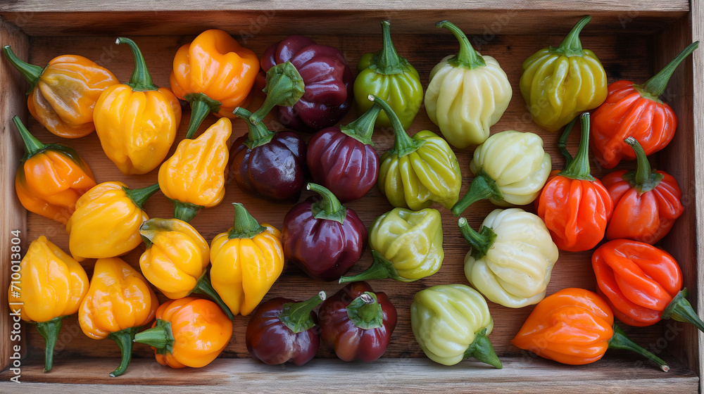 Vibrant stages of habanero peppers, from lush green to fiery red. A ...