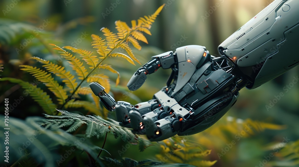 Robot hand and a fern leaf, Fern forest background. Generative AI ...